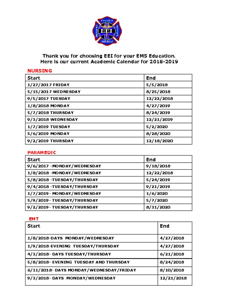 Class Course Calendar | eei